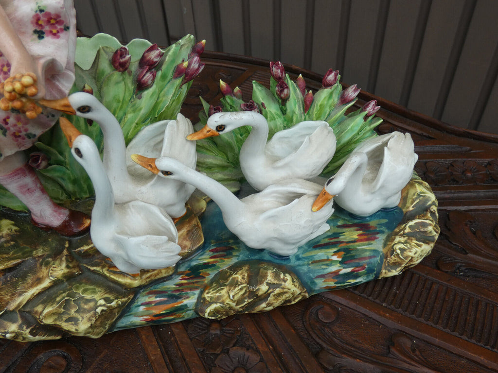 Italian Carlos Mollica signed Capodimonte porcelain planter girl swans ...