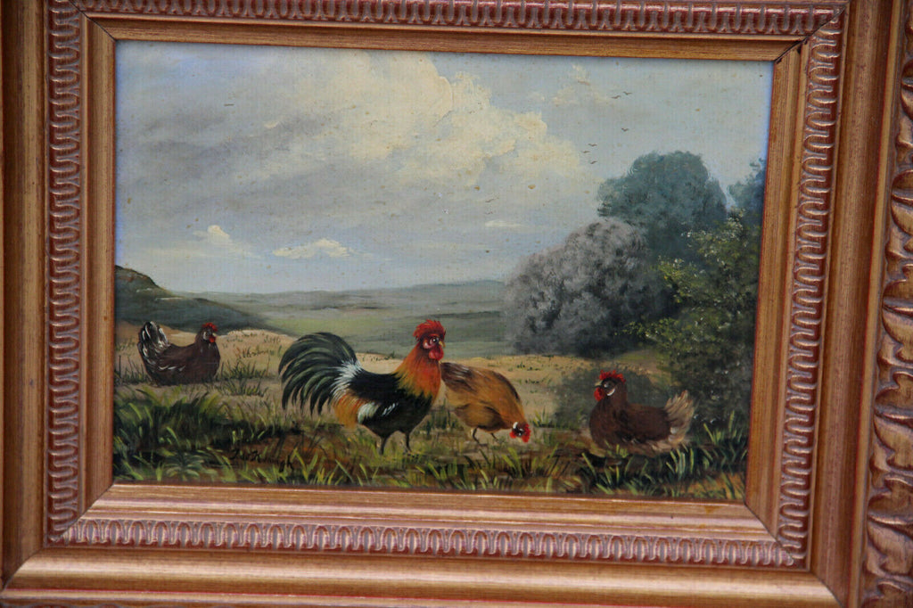 PAIR Flemish oil panel painting chicken rooster animal scene signed ...