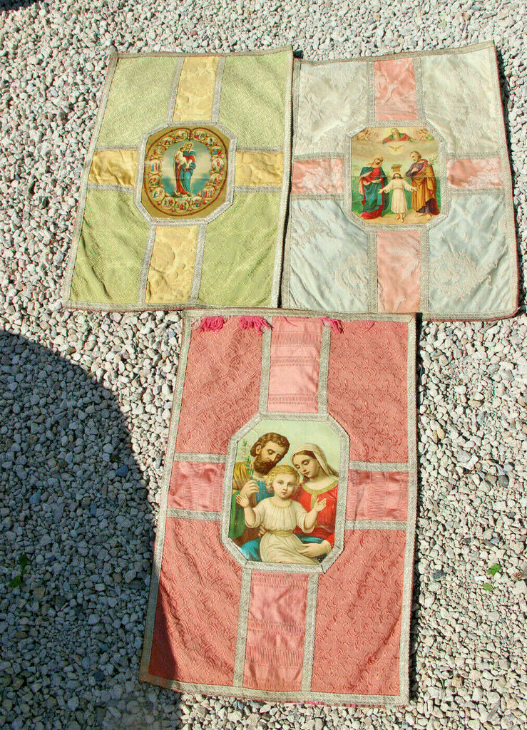 Antique set 3 French Religious catholic procession banner | FF-Antiques