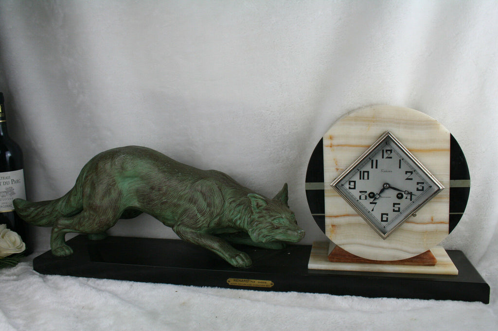 XXL ART DECO 1937 French Fox spelter bronze marked clock marble base r ...