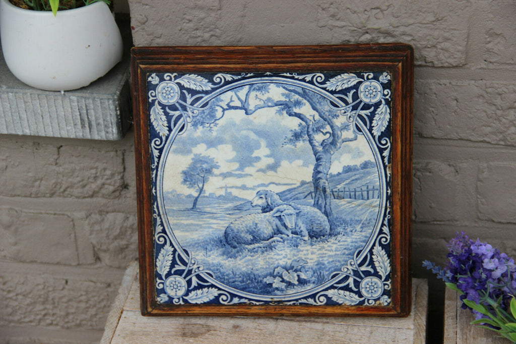 Antique DELFT pottery Tile sheep scene PAN PAT coaster wood frame | FF ...