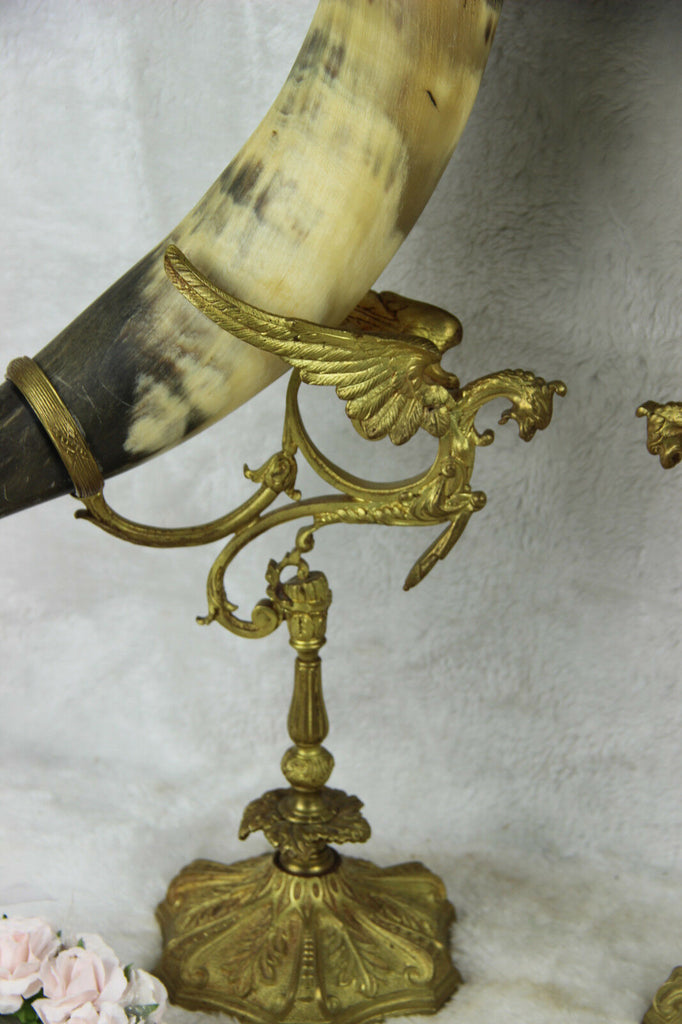 PAIR antique XL Bronze gothic dragon Cornucopia horn statue | FF-Antiques