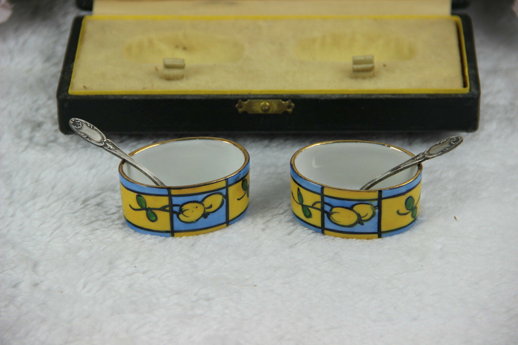 Antique French Limoges marked salt pepper pots porcelain spoon in box ...