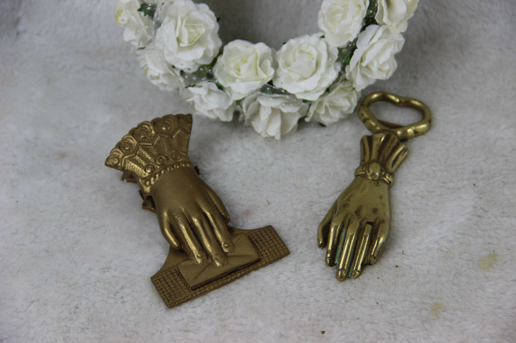 PAIR vintage French bronze desk paper clip holder and weight hand form ...